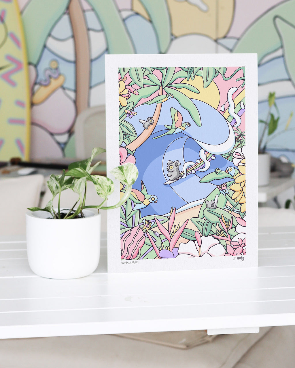 Rainbow Stylin Surfing Koala Art Print - Brentos